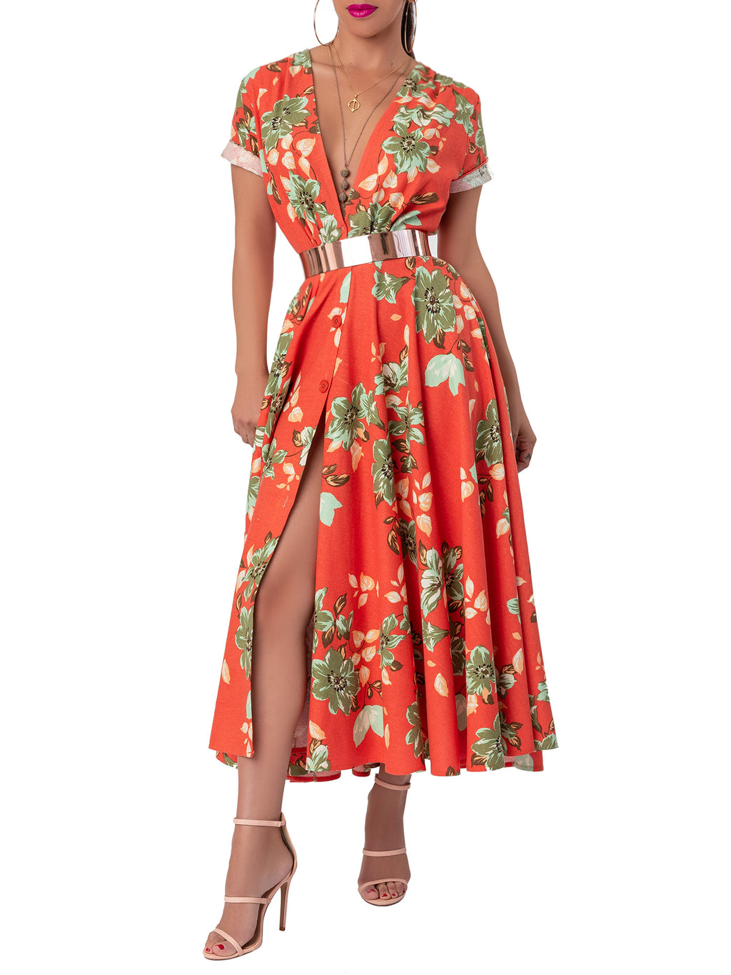 "Mai Tai" Floral Coral Gathered Midi Dress – FKSP